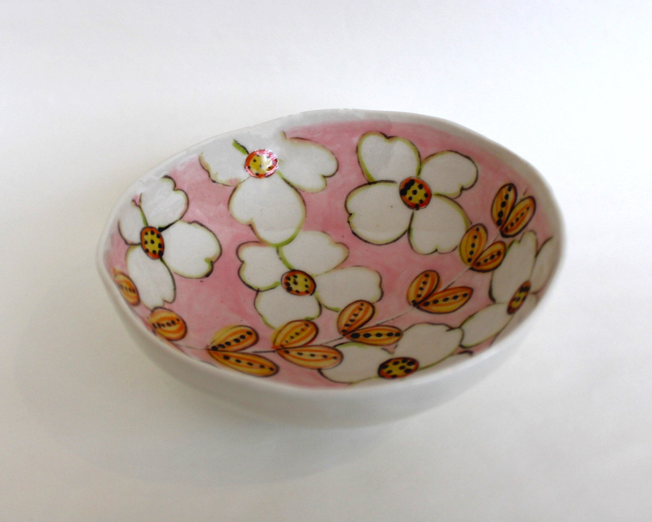 Porcelain Bowl With Pink Inside And White Flowers – Lauren Clark Fine Art