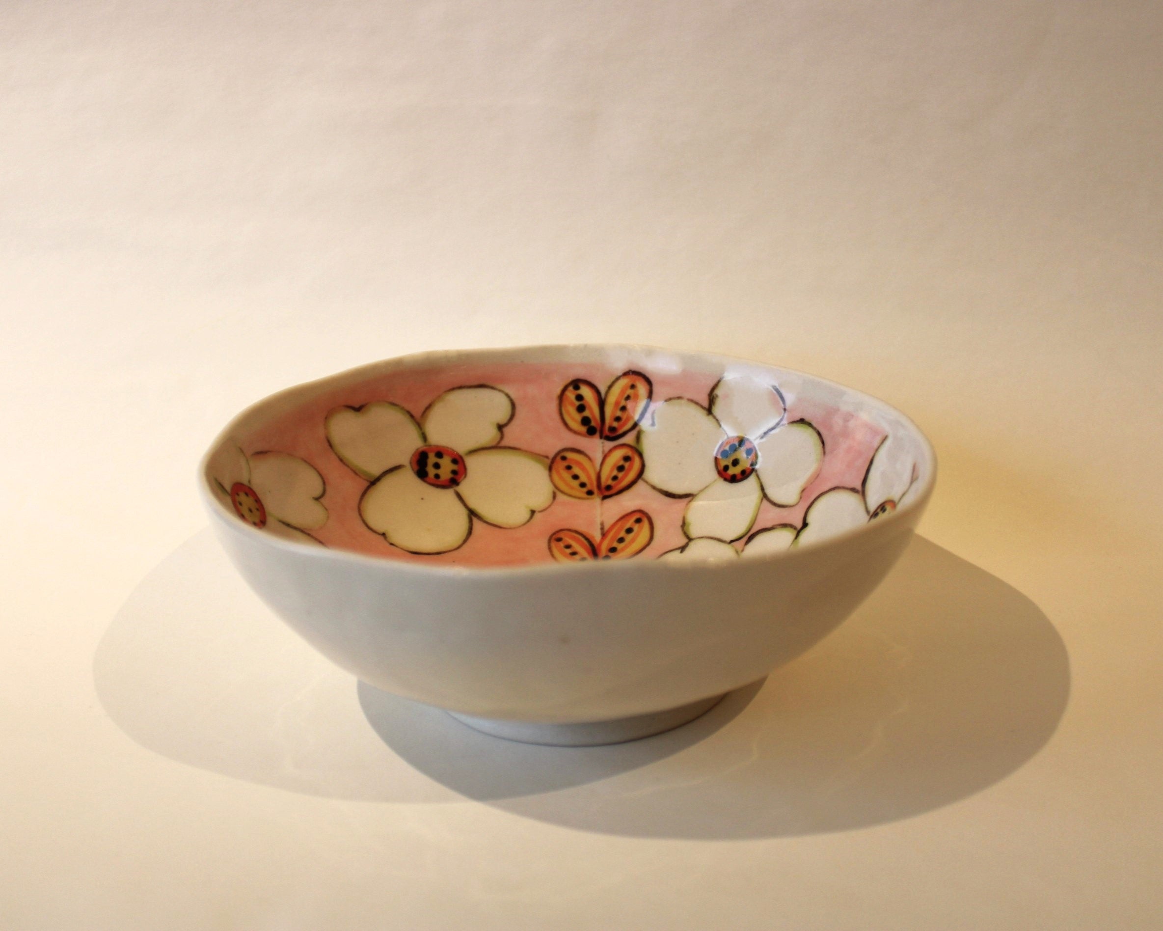 Porcelain Bowl With Pink Inside And White Flowers – Lauren Clark Fine Art